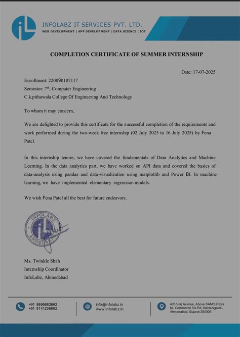 Internshipexperience Dataanalytics Machinelearning Powerbi Infolabz Summerinternship