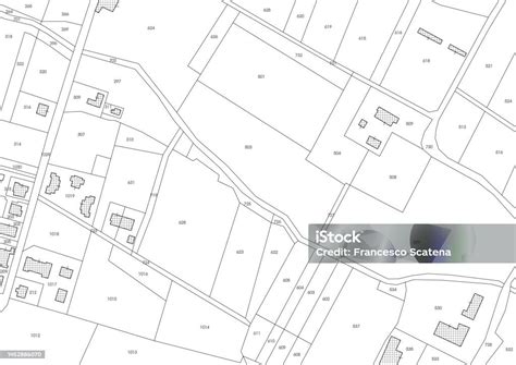 Imaginary Cadastral Map Of Territory With Buildings Roads Fields And Land Parcel Stock
