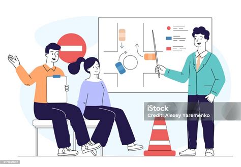 운전 학교 수업 운전자를 위한 강의를 보고 있는 남자와 여자 교육 학습 및 훈련 교통 규칙에 대한 정보입니다 선형 벡터 그림 강사에 대한 스톡 벡터 아트 및 기타 이미지
