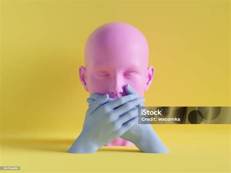 3d 렌더링 말문이 여성 마네킹 머리 손 침묵 개념 고립 된 개체 최소한의 패션 배경 여 입 상점 디스플레이 분홍색 파란 노란 파스텔 색상 3차원 형태에 대한 스톡 사진 및