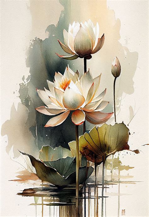 White Lotus Flower Art Print Botanical Watercolors Illustration Instant