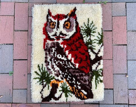 Vintage 1970s Owl On A Branch Latch Hook Wall Hanging Finished Handmade Owl Latchhook Rug Retro