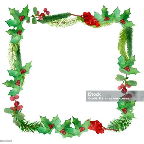 수채화 손 그린 새해 휴일 녹색 크리스마스 트리 전나무 가지 초대장과 엽서에 대한 흰색 배경에 작은 빨간 딸기 로완과 호랑가시나무 잎 사각형 프레임을 축하 0명에 대한 스톡