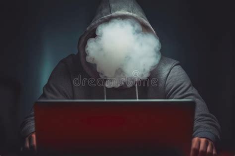 Face Covered With Smoke Anonymous Man Using Computer To Break Security