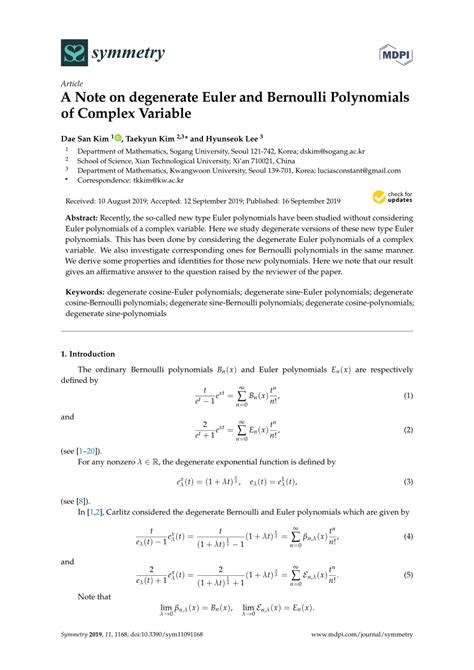 Pdf A Note On Degenerate Euler And Bernoulli Polynomials Of Complex Variable