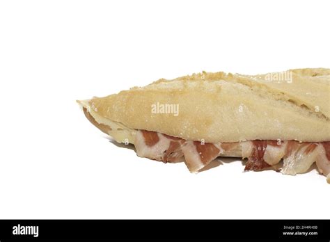 Traditional Spanish Bocadillo Ham Sandwich With A Crusty Bread Isolated