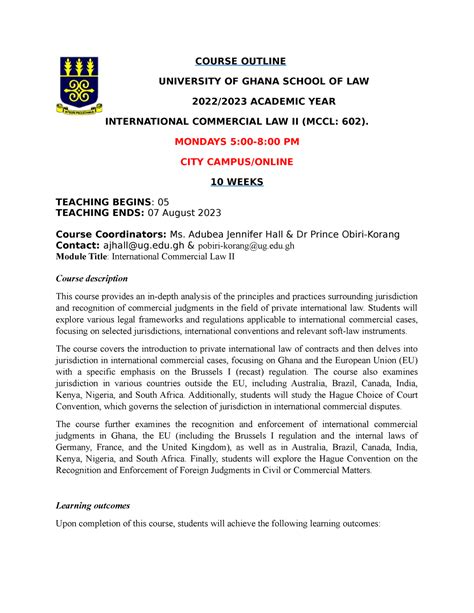 Course Outline ICL II COURSE OUTLINE UNIVERSITY OF GHANA Babe OF LAW ACADEMIC