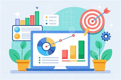 A Laptop Displays Colorful Data Analysis Charts With Graphs And Targets Alongside Greenery And