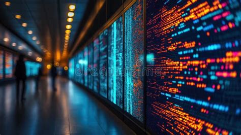 Modern Data Center Interior Shows Staff Walking Past Large Screens Displaying Dynamic Data