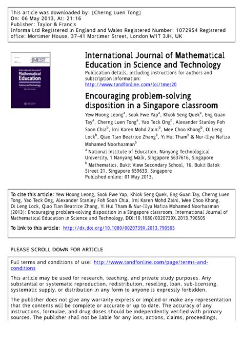Pdf Encouraging Problem Solving Disposition In A Singapore Classroom