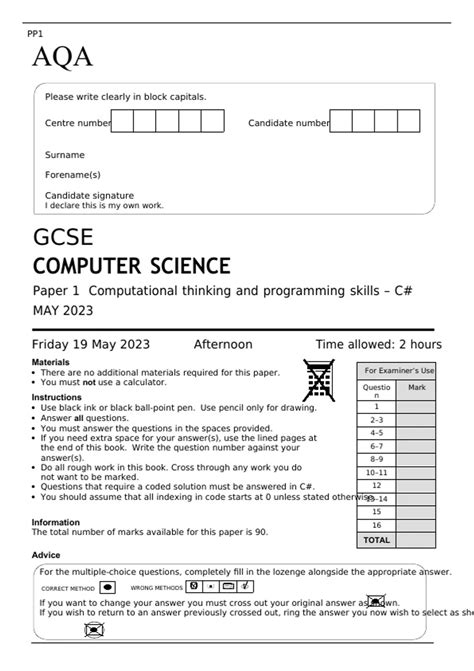 AQA GCSE COMPUTER SCIENCE Paper MAY FINAL QUESTION PAPER Computational Thinking And