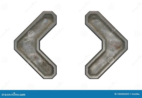 Set Of Symbols Left And Right Angle Bracket Made Of Industrial Metal On White Background 3d