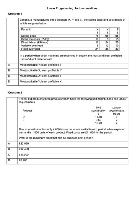 Linear Programming Five Lecture Questions Linear Programming Lecture Questions Question