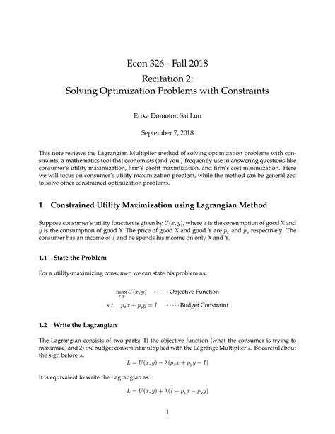 Recitation 2 Constrained Optimization Econ 326 Fall 2018 Recitation 2 Solving Optimization