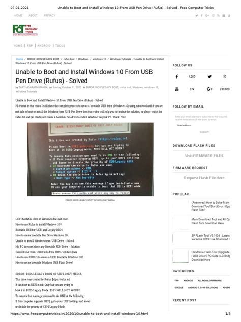 Unable To Boot And Install Windows 10 From Usb Pen Drive Rufus Solved Free Computer Tricks