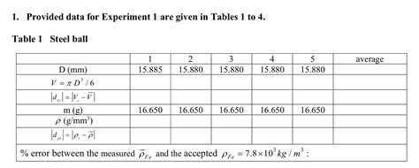 solved 1 provided data for experiment 1 are given in tables