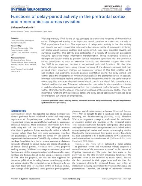 Pdf Functions Of Delay Period Activity In The Prefrontal Cortex And Mnemonic Scotomas Revisited