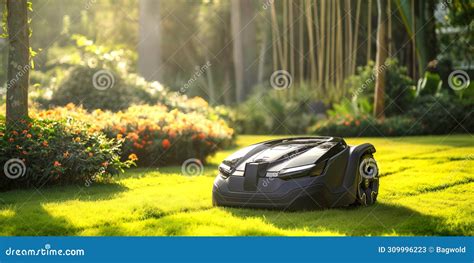 Robotic Lawn Mower Docking At Its Charging Station After Work Royalty Free Stock Image