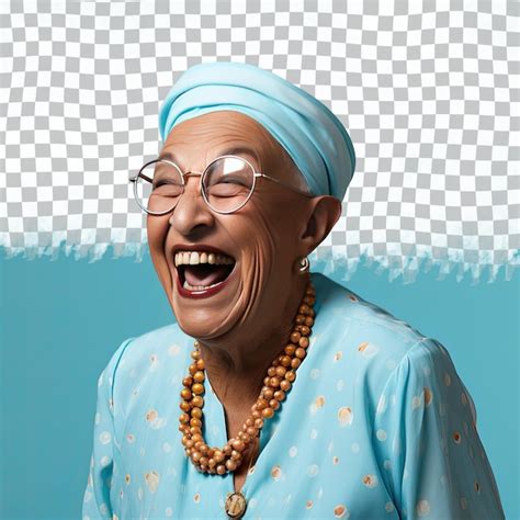 탐정 의 옷 을 입은 오스트레일리아 원주민 민족 의 ⁇ 머리 를 가진 취약 한 고령 여성 이 파스텔 파란색 배경 에 맞춰 장난스러운 웃음 스타일 로 포즈 를 취 하고 있다