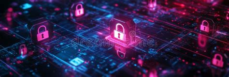 A Colorful Image Of A Computer Network With A Blue Lock On A Cube Stock Illustration