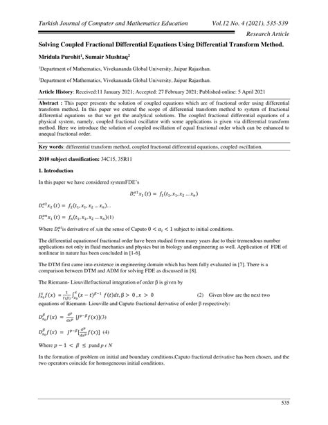Pdf Solving Coupled Fractional Differential Equations Using Differential Transform Method