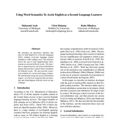 Using Word Semantics To Assist English As A Second Language Learners Acl Anthology