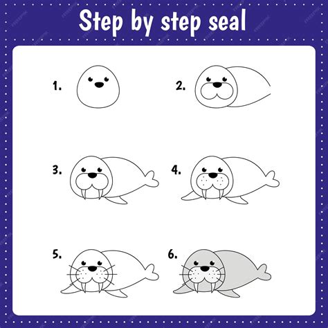 아이들을 위한 교육 워크시트 유치원 교육을 위한 단계별 그림 그리기 인감 활동 페이지 프리미엄 벡터