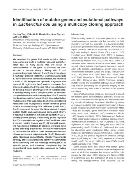 Pdf Identification Of Mutator Genes And Mutational Pathways In Escherichia Coli Using A