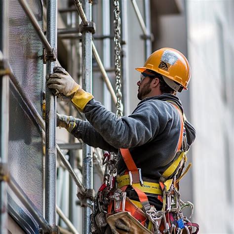 Construction Worker Assembling Scaffolding On Building Exterior
