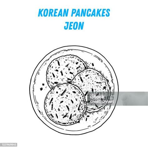 J전 팬케이크 스케치 한국 음식 손으로 그린 벡터 그림 스케치 스타일입니다 맨 위 보기입니다 빈티지 벡터 일러스트레이션 한국 문화에 대한 스톡 벡터 아트 및 기타 이미지