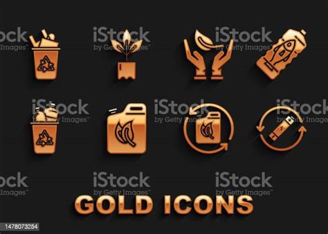 바이오 연료 용기 해양 플라스틱 오염 중지 재활용 기호 라인이있는 배터리 휴지통 환경 보호의 새싹 손 및 식물 병 아이콘을 설정합니다 벡터 가솔린에 대한 스톡 벡터 아트 및