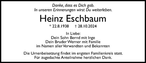 Traueranzeigen Von Heinz Eschbaum Trauer Nn De