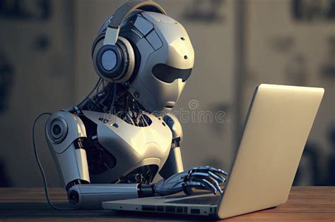 3d rendering humanoid robot working with headset and notebook stock