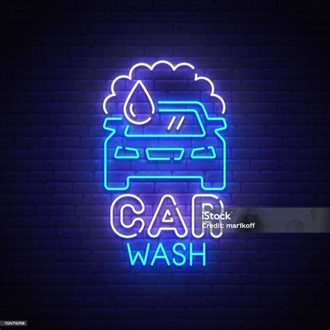자동차 세척 네온 사인 밝은 간판 배너 빛 자동차 세척 로고 네온 엠 블 럼입니다 벡터 일러스트 레이 션 세차장에 대한 스톡
