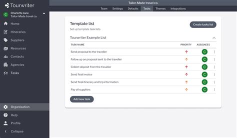 Manage Your Your Tasks Template List In Organisation Tourwriter