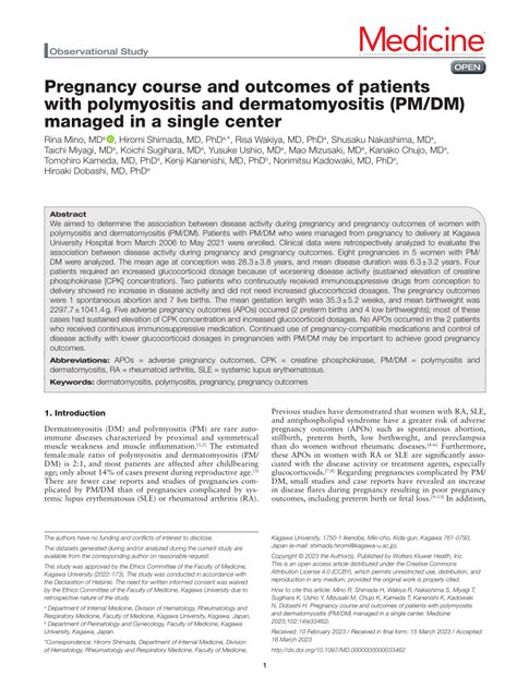 Pdf Pregnancy Course And Outcomes Of Patients With Polymyositis And Dermatomyositis Pm Dm