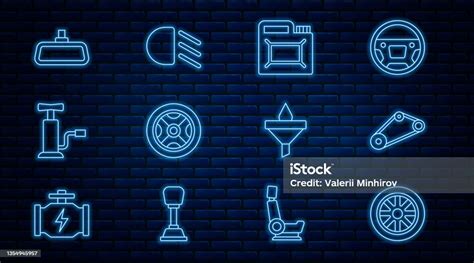 세트 라인 자동차 휠 타이밍 벨트 키트 모터 오일 공기 펌프 거울 깔때기 및 드롭 및 높은 빔 아이콘캐니스터 벡터 가솔린에 대한 스톡 벡터 아트 및 기타 이미지 Istock