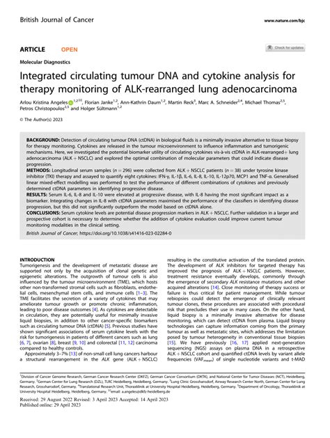 Pdf Integrated Circulating Tumour Dna And Cytokine Analysis For Therapy Monitoring Of Alk