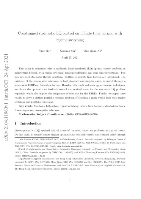 Pdf Constrained Stochastic Lq Control On Infinite Time Horizon With Regime Switching