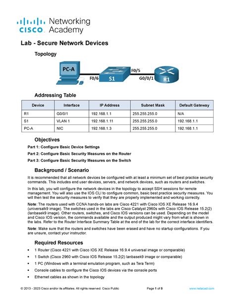 1652 Lab Secure Network Devices Topology Addressing Table Device Interface Ip Address