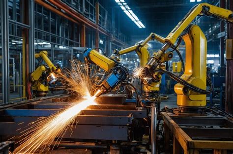 Industrial Robots Performing Automated Welding In Factories Premium