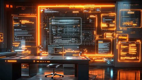Futuristic Workspace High Tech Environment With Glowing Orange Digital Interfaces And Advanced