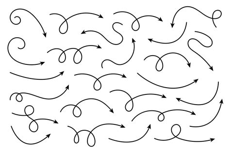 Collection of curved arrows. Set simple curved hand drawn arrows. Collection of pointers ...