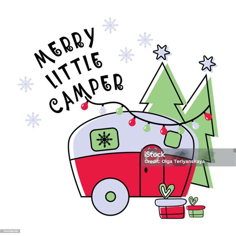 크리스마스 트리와 크리스마스 캠핑카 귀여운 빈티지 벡터 그림입니다 겨울 토끼의 여행 트레일러 포스터 카드에 대 한 크리스마스 요소 복고풍에 대한 스톡 벡터 아트 및 기타