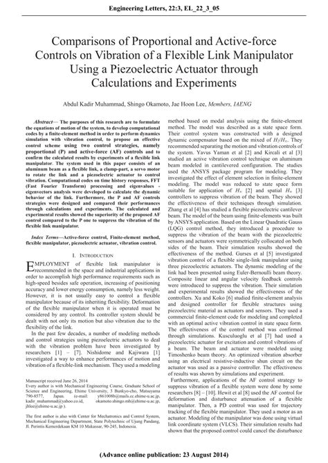 Pdf Comparisons Of Proportional And Active Force Control On Vibration Of A Flexible Link