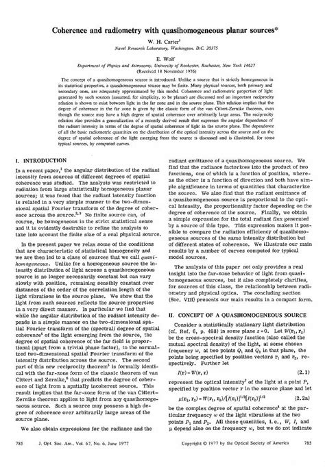 Pdf Coherence And Radiometry With Quasihomogeneous Planar Sources