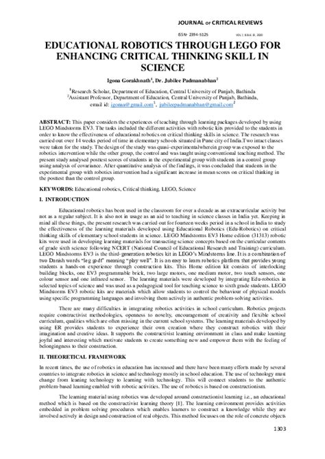 pdf educational robotics through lego for enhancing critical thinking