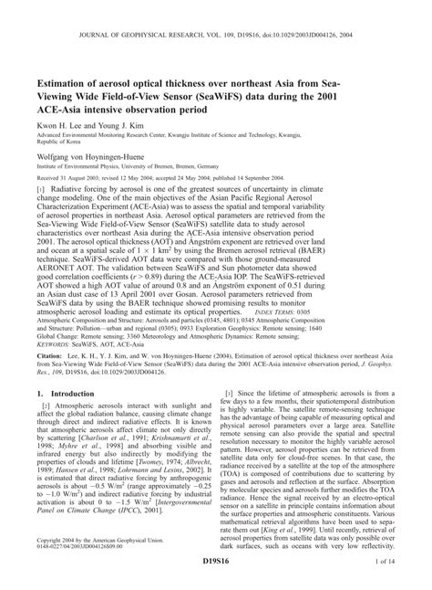 Pdf Estimation Of Aerosol Optical Thickness Over Northeast Asia From Sea Viewing Wide Field Of