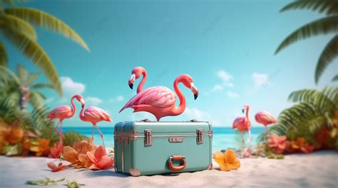 3d 렌더링된 여행가방과 플라밍고로 설명된 잊을 수 없는 여름 휴가를 위한 생동감 넘치는 열대 배경 여름 휴가 여름 방학
