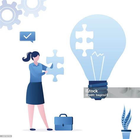 브레인스토밍 마무리 직소 퍼즐 하나 없이 전구 비즈니스 창의성 영감의 상징 창의적 사고 아이디어 피칭 사업가는 퍼즐의 일부를 가지고 있습니다 개념에 대한 스톡 벡터 아트 및
